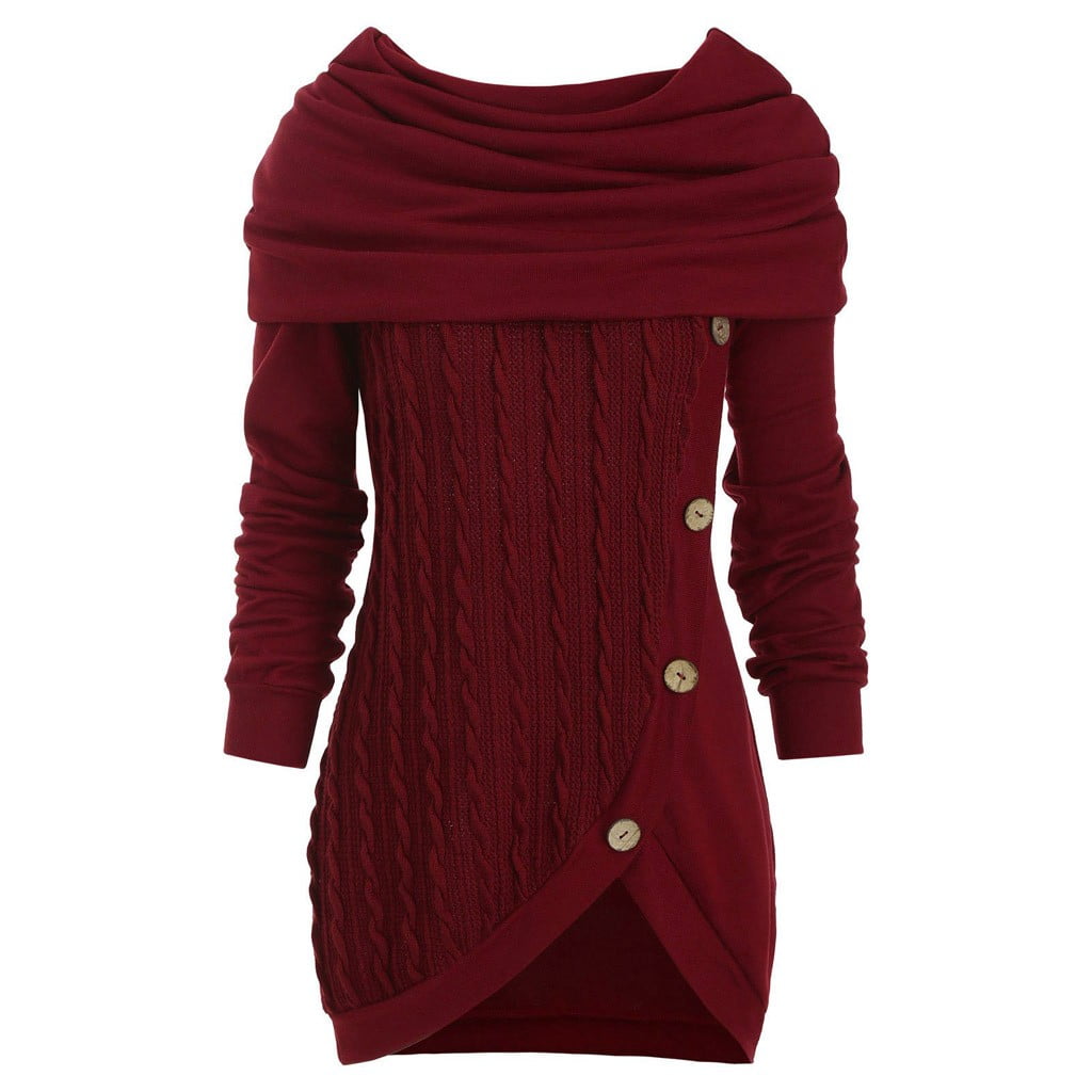 Sweaters For Women Plus Size Solid Color Button Heap Collar Hooded Irregular Knitted Sweater