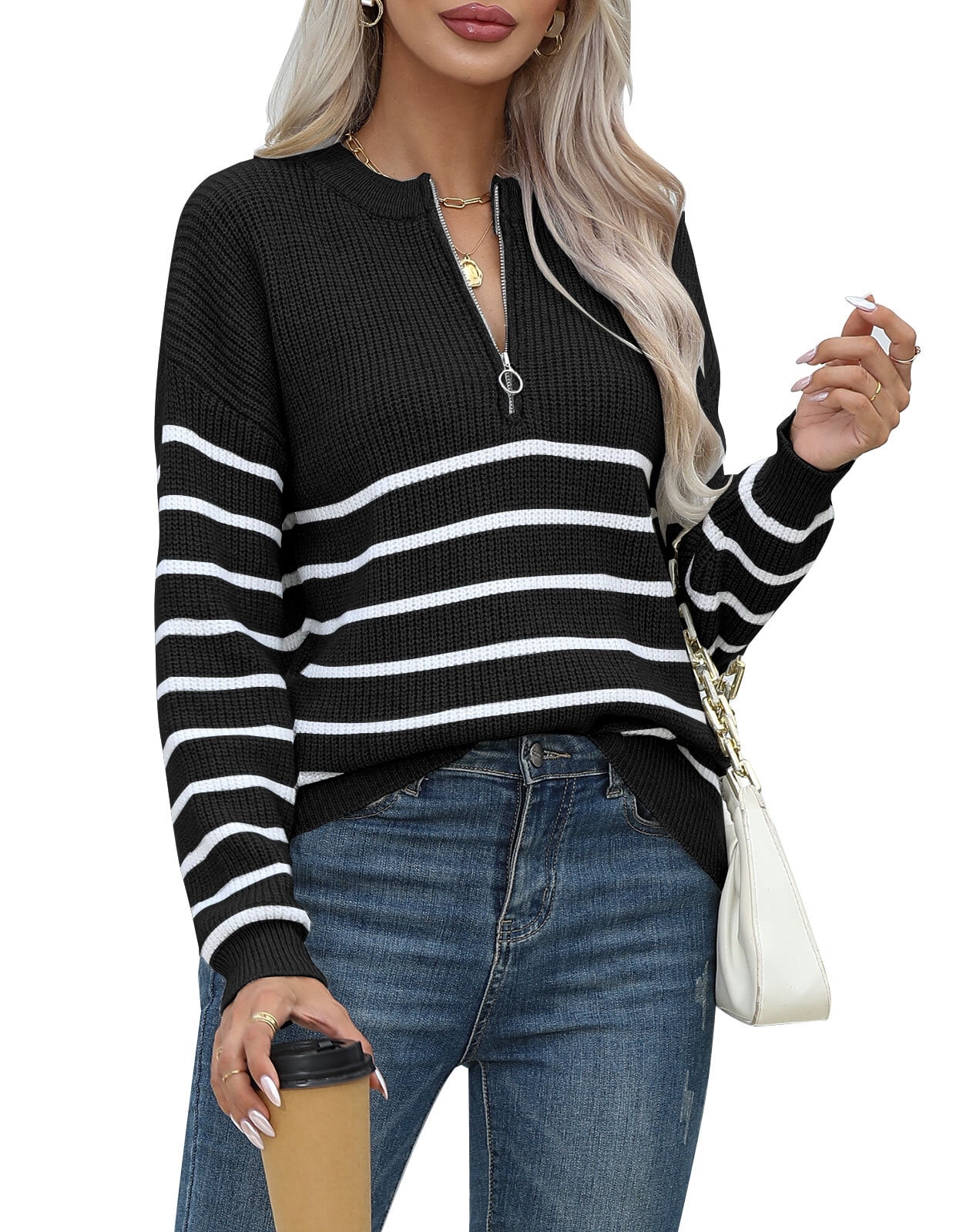 Sweaters for Women Quarter Zip Striped Sweaters Knitted Warm Pullover ...