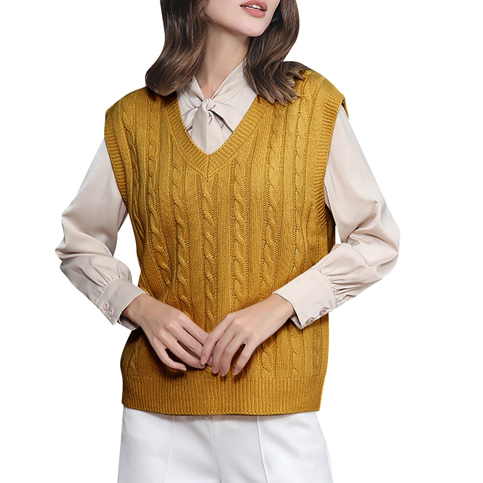 Sweaters for Women Solid Color Knit Vest Pullover V Neck Sweater ...