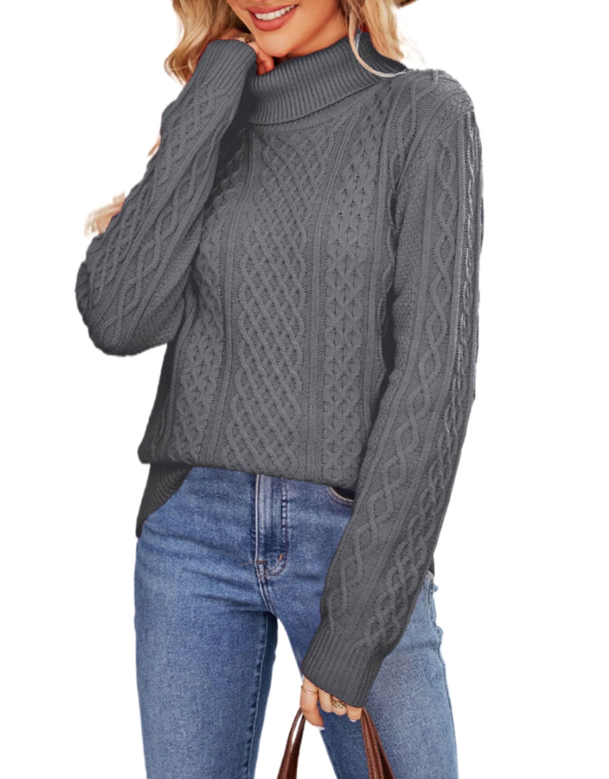 Sweaters for Women Turtleneck Cable Knit Sweater Ribbed Long Sleeve ...