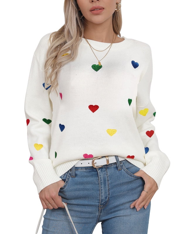 Shermie Women's Cute Heart Print Sweater, Warm Casual Knitted Pullover ...