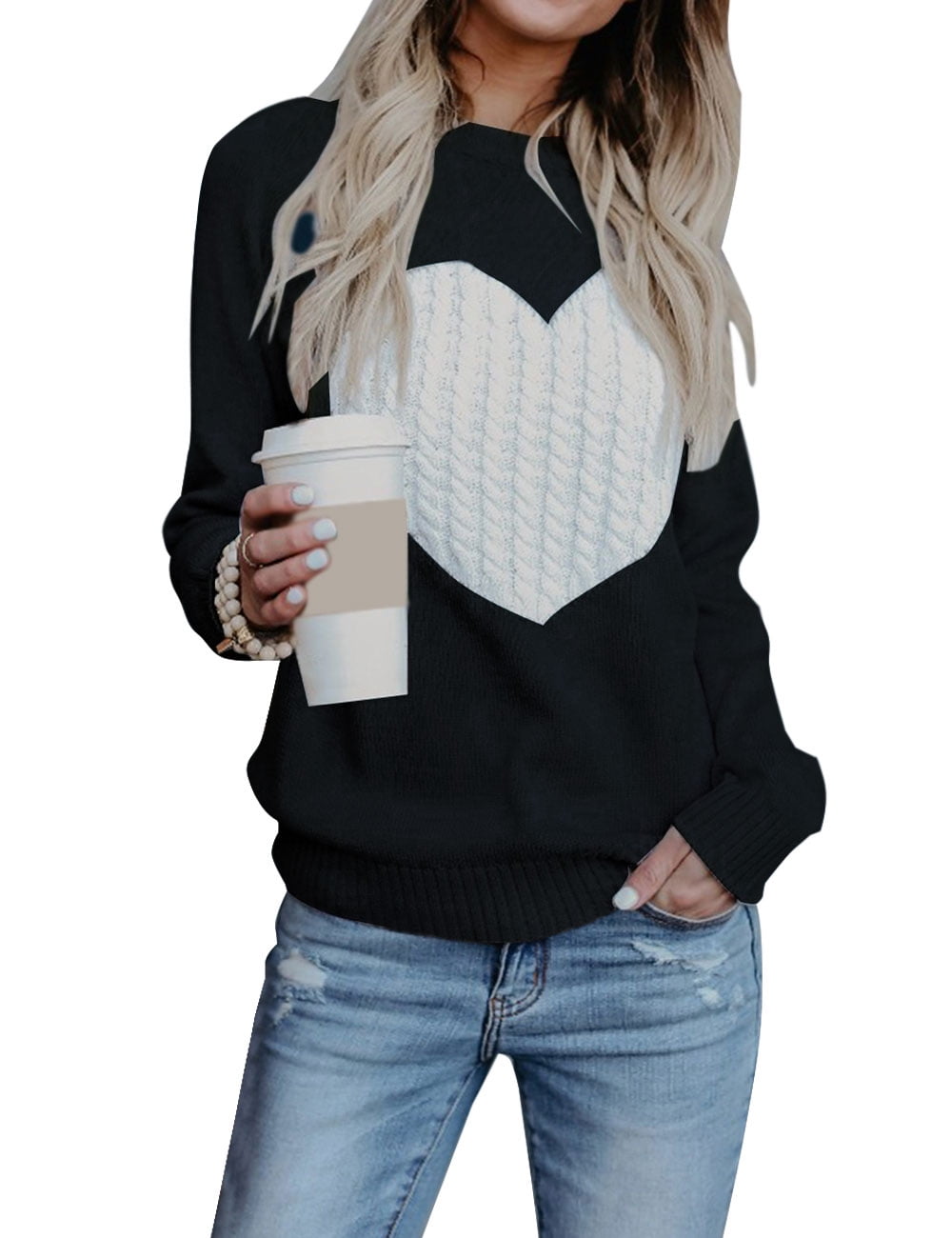 Shermie Women's Christmas Gift, Cute Heart Print Long Sleeve Crewneck ...