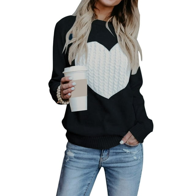 Shermie Women's Christmas Gift, Cute Heart Print Long Sleeve Crewneck Knitted Pullover Sweater ...