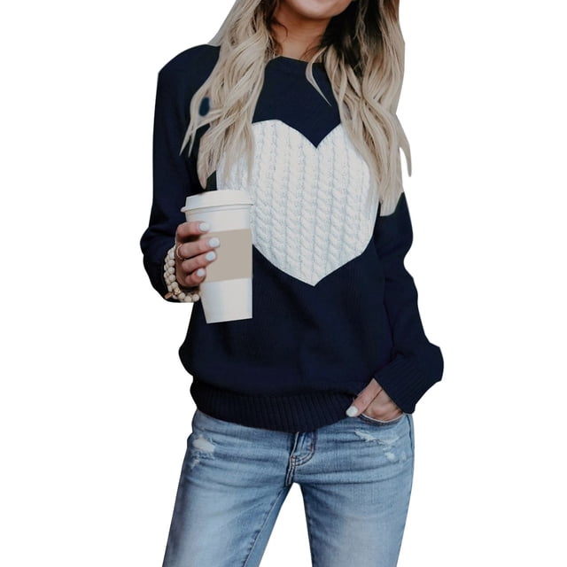 Shermie Cozy Women's Sweater, Long Sleeve Crewneck, Cute Heart Print ...