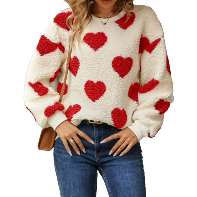 Sweaters for Women Valentine's Day Heart Printed Pullover Sweaters Warm ...