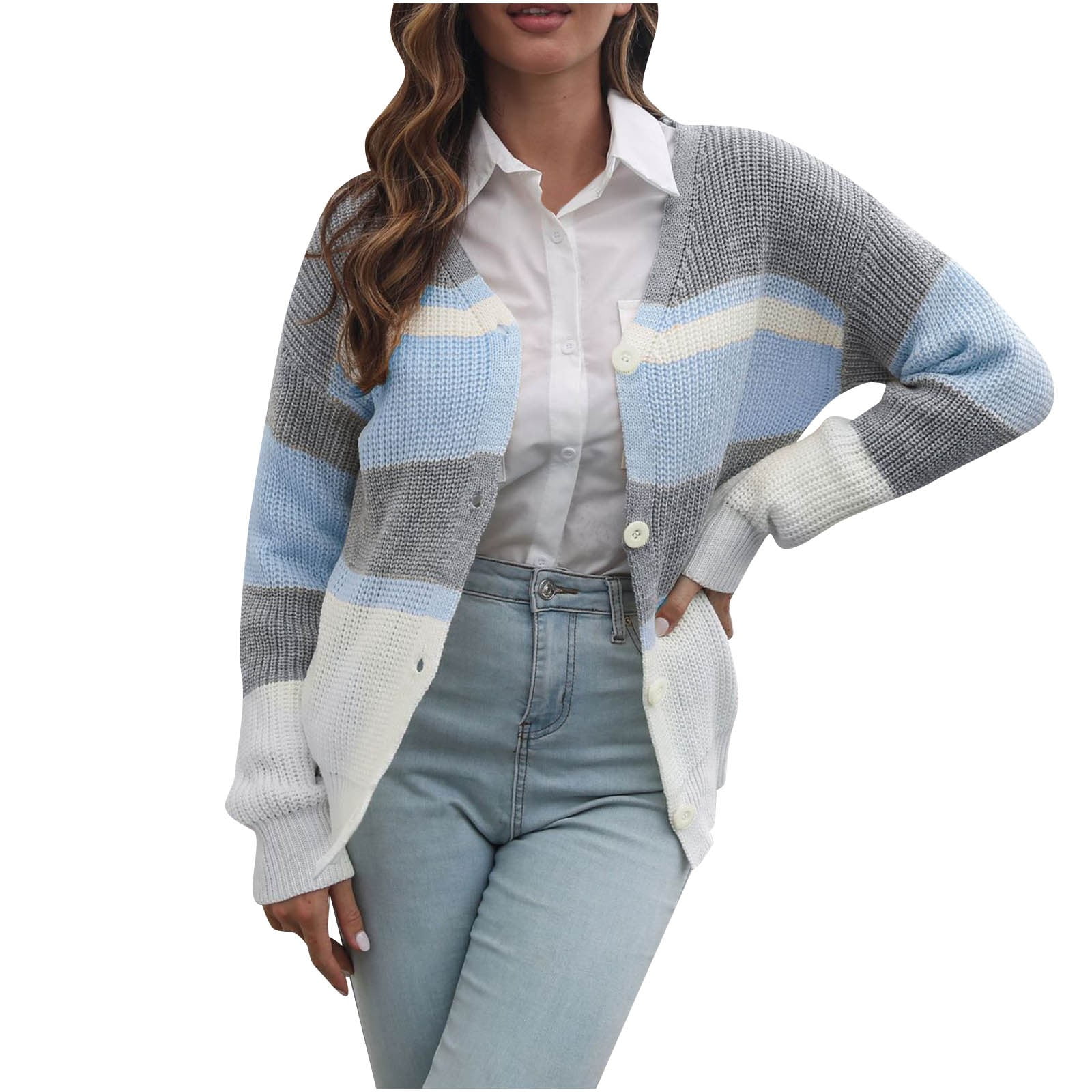 Sweaters for Women Winter Women's Striped Loose Knit Cardigan Sweater ...