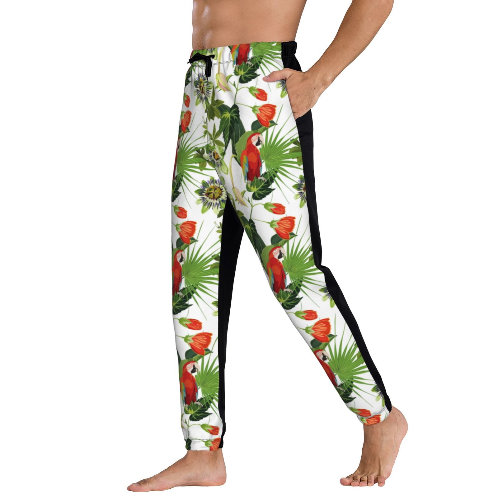 Sweatpants for Men - Red Macaw Parrot Flower Plant Adjustable Elastic ...