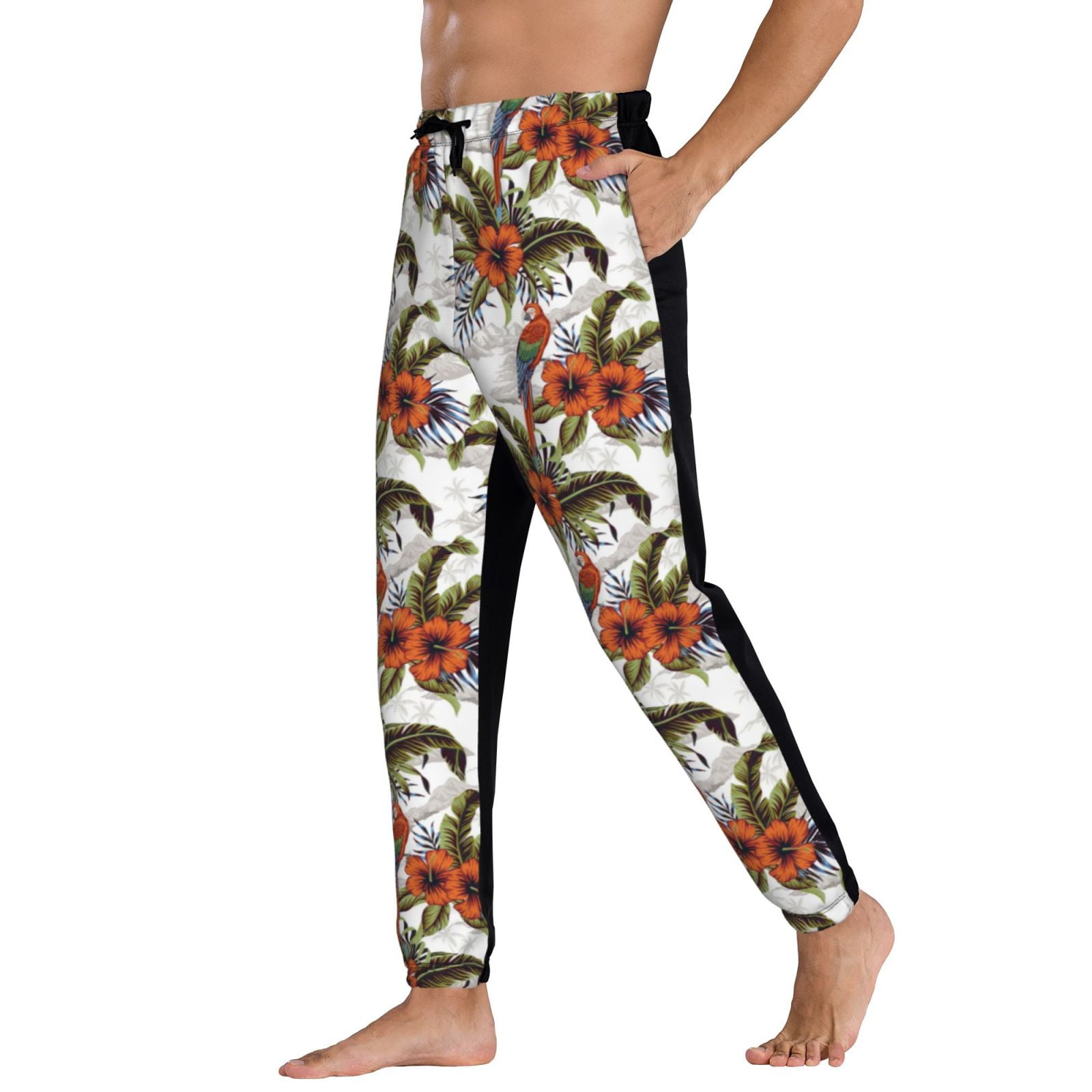 Sweatpants for Men - Red Parrot Banana Leaf Flower Adjustable Elastic ...