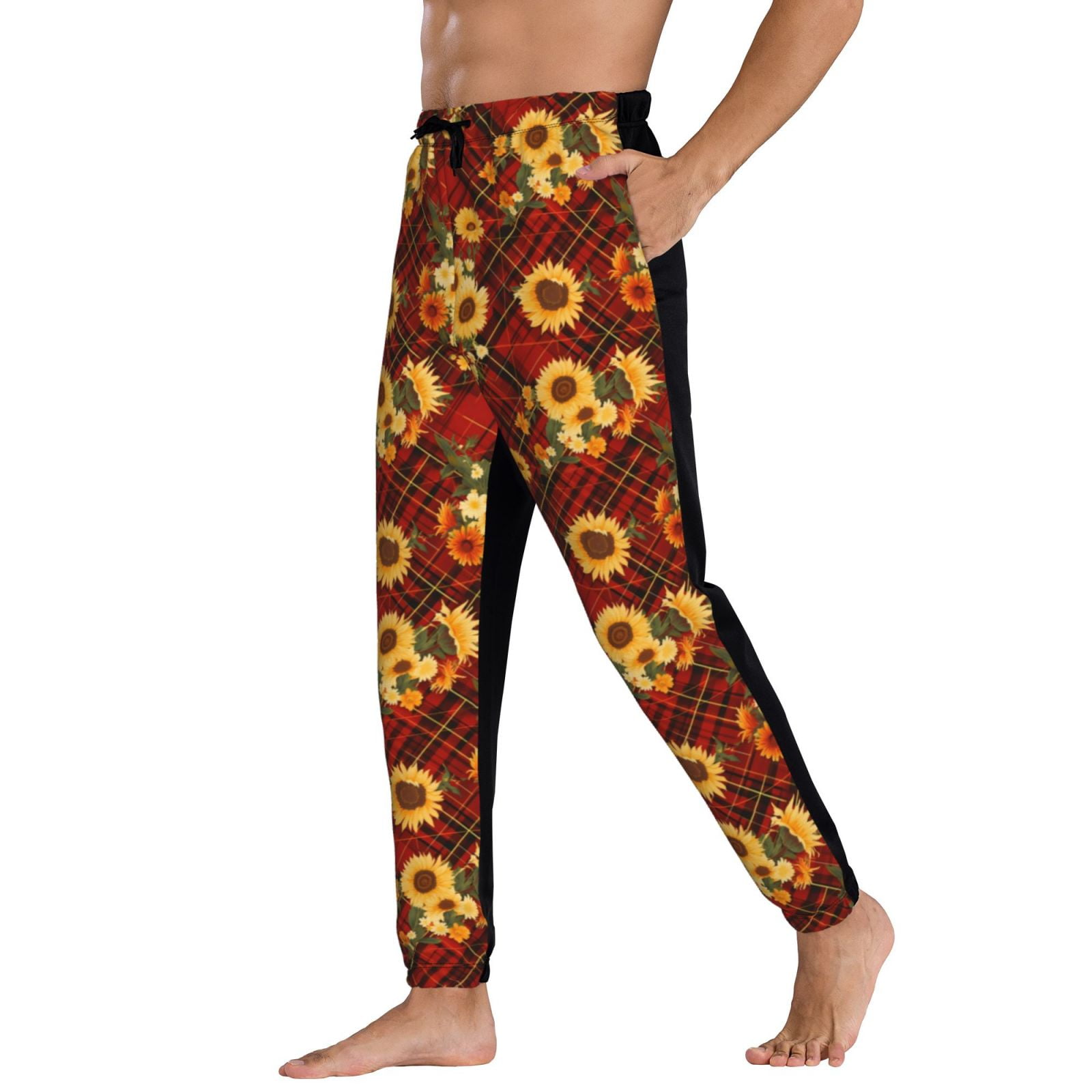 Sweatpants for Men - Red Plaid Sunflower Workout Jogger for Men ...