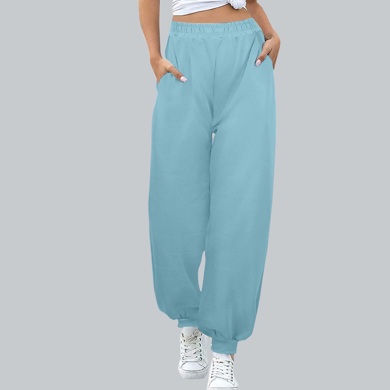 Sweatpants for Women Solid Color Elastic Waist Sports And Leisure Belt ...