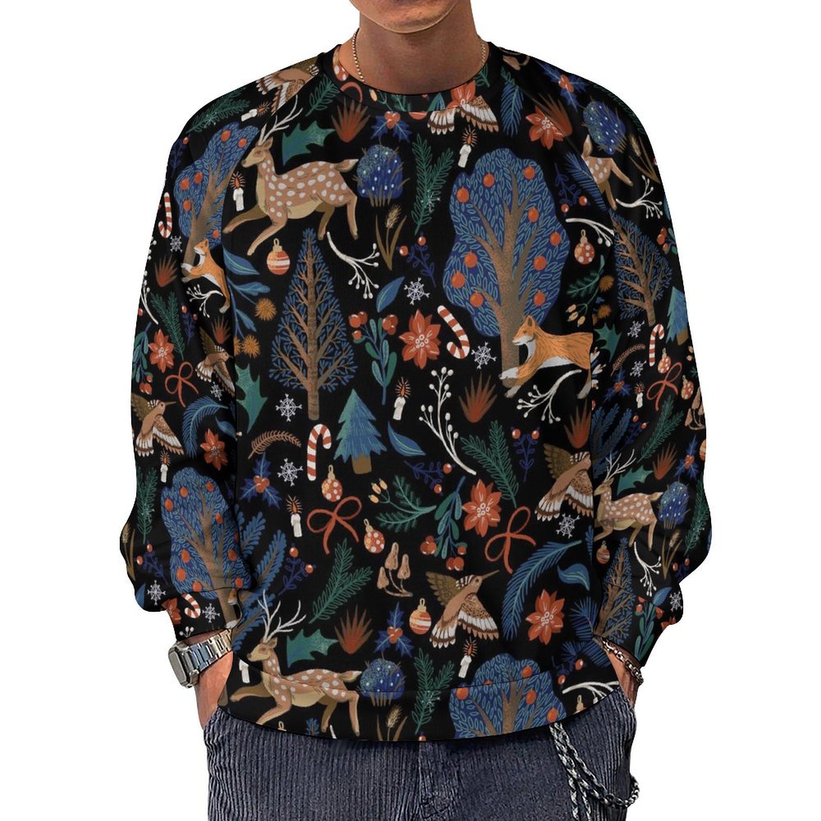 Sweatshirt for Men,- Fall Fox Deer Bird Mens Oversized Crewneck ...