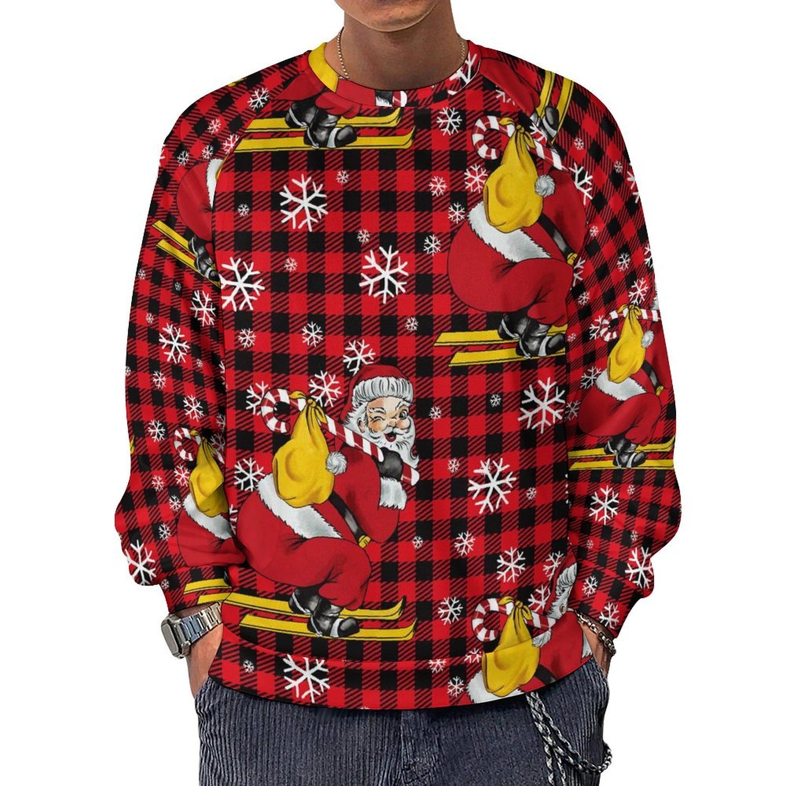 Sweatshirt for Men, Vintage Santa Skiing Red Plaid Oversized Crewneck ...