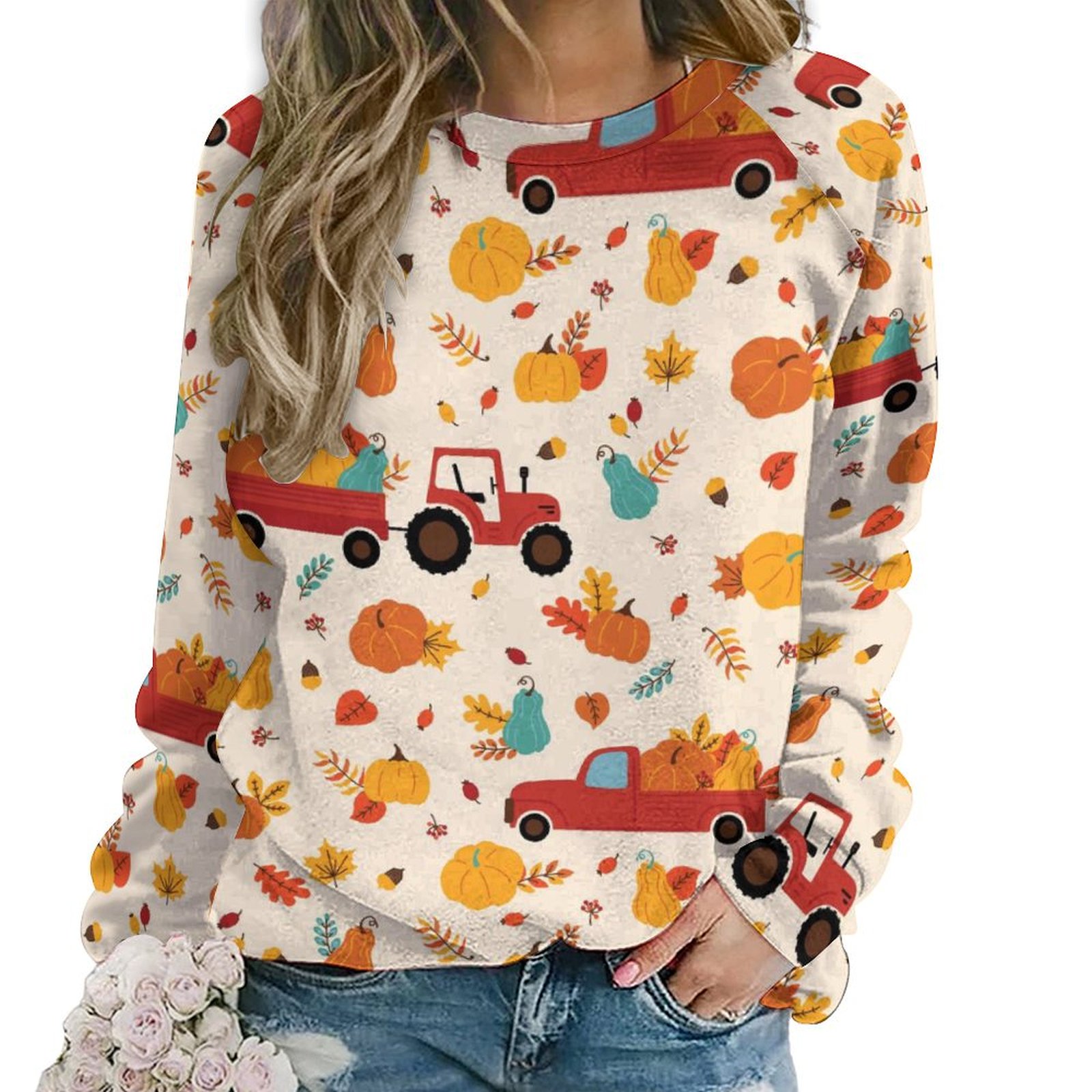 Sweatshirt for Women - Pumpkins On Red Car And Tractor Oversized ...