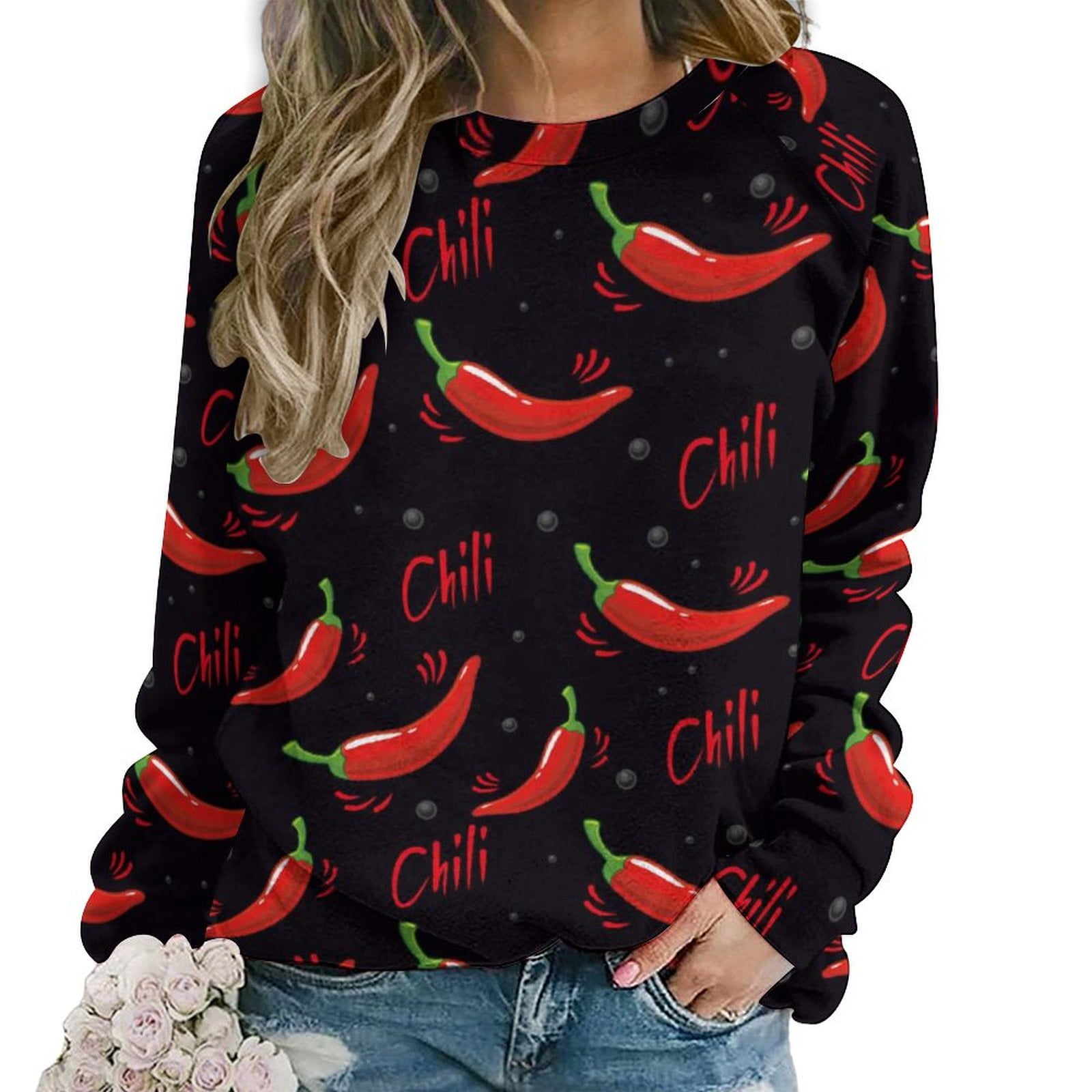 Sweatshirt for Women, Red Hot Chili Long Sleeve Oversized Crewneck ...