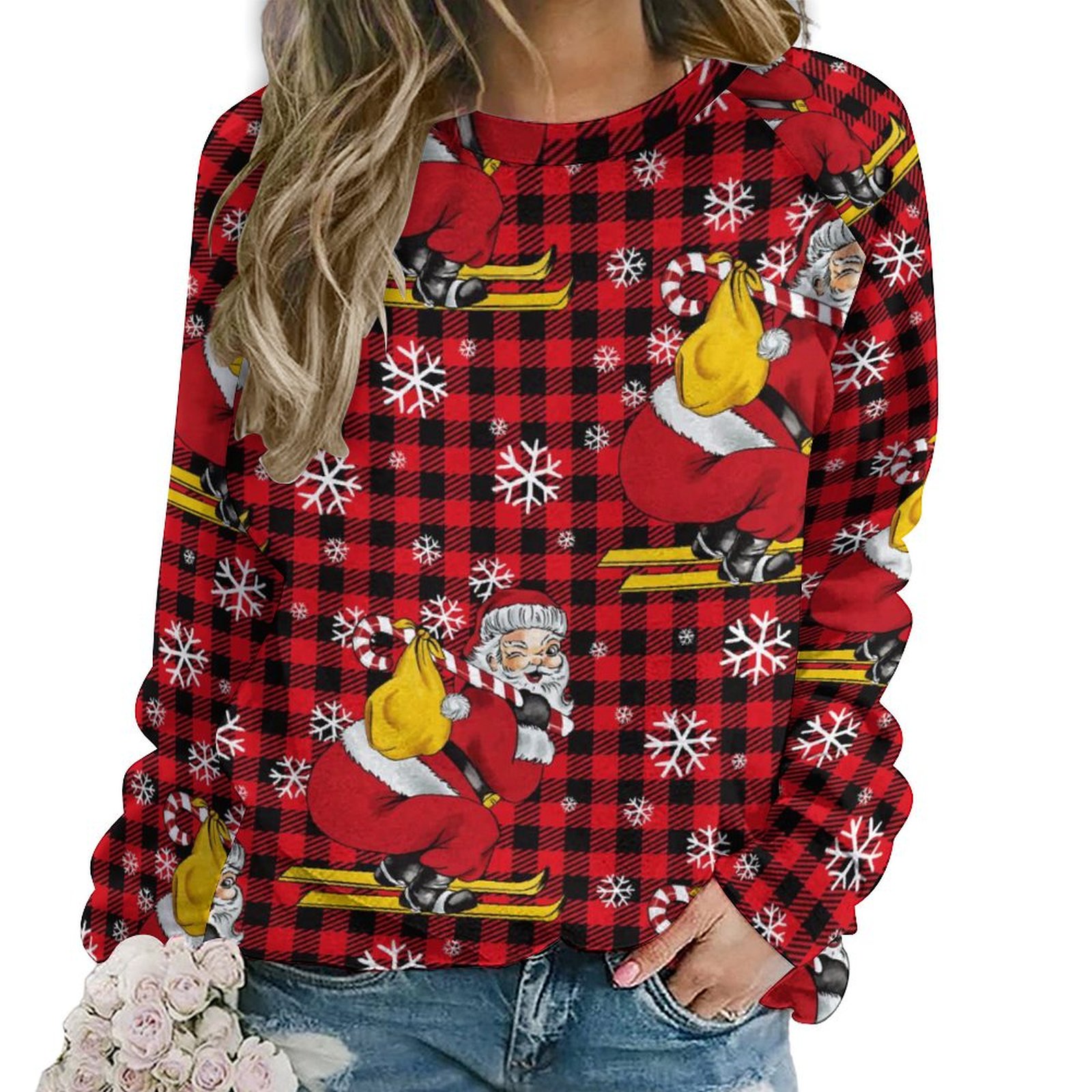Sweatshirt for Women Vintage Santa Skiing Red Plaid Cozy Crewneck ...