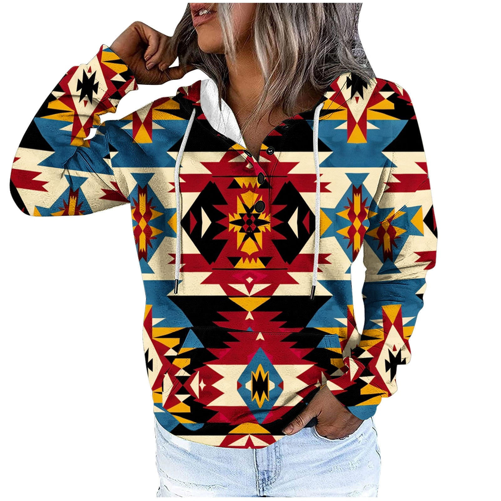 Sweatshirts for Women Aztec Graphic Printed V-Neck Button Drawstring ...