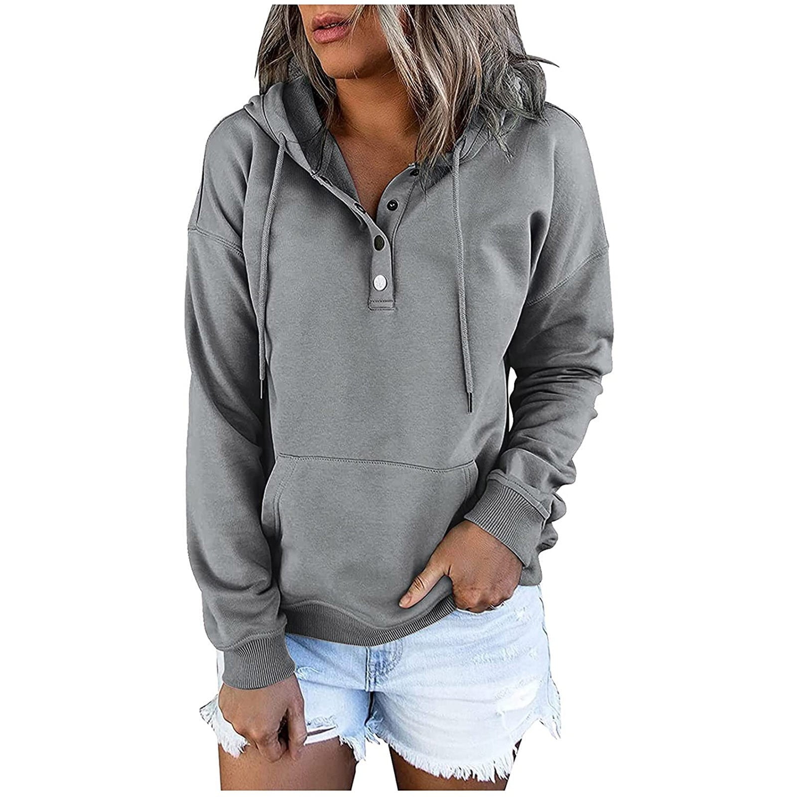 Sweatshirts for Women Plus Size Hooded Pullover Solid Color Long ...
