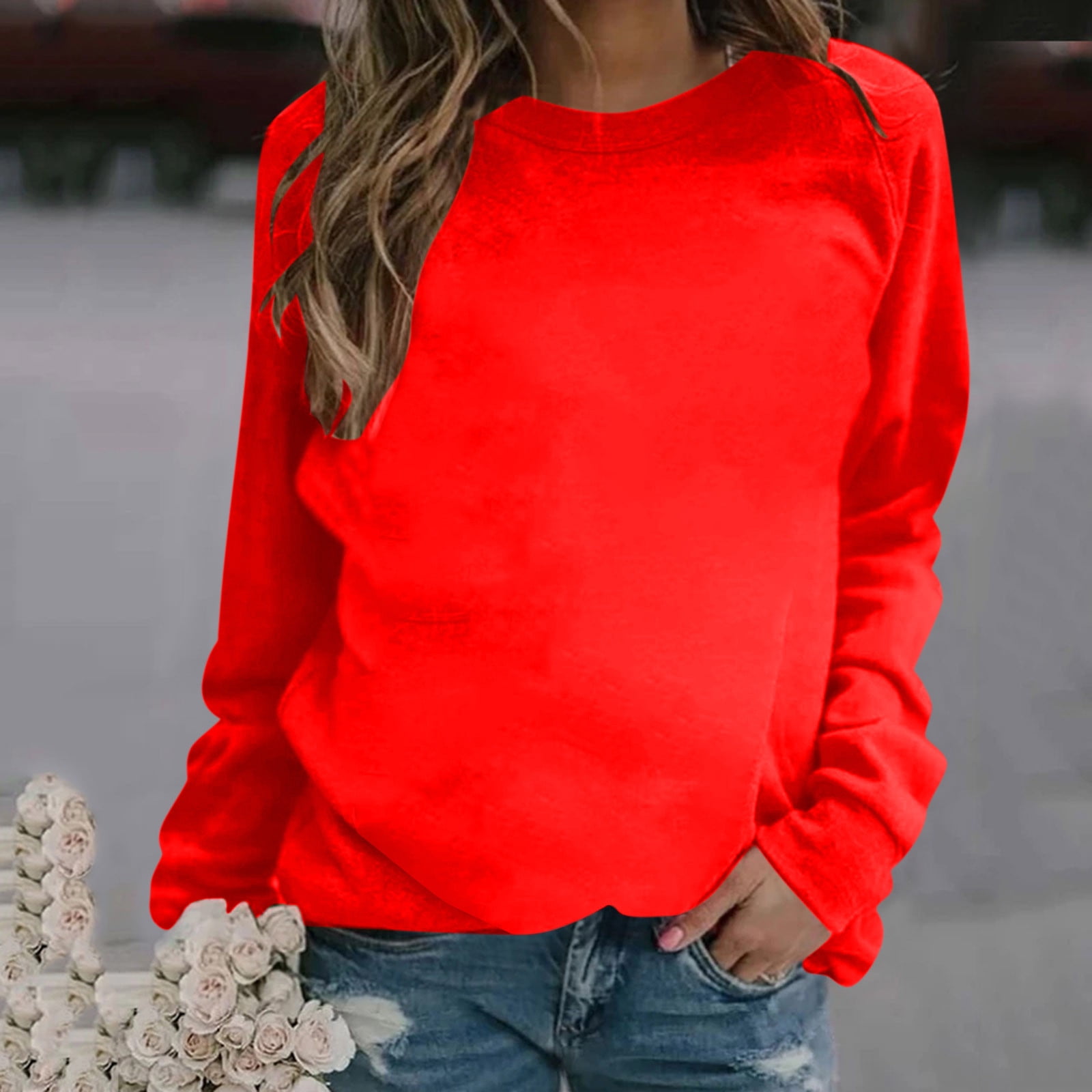 Sweatshirts for Women Plus Size Long Sleeve Round Neck Sweatshirt Red ...