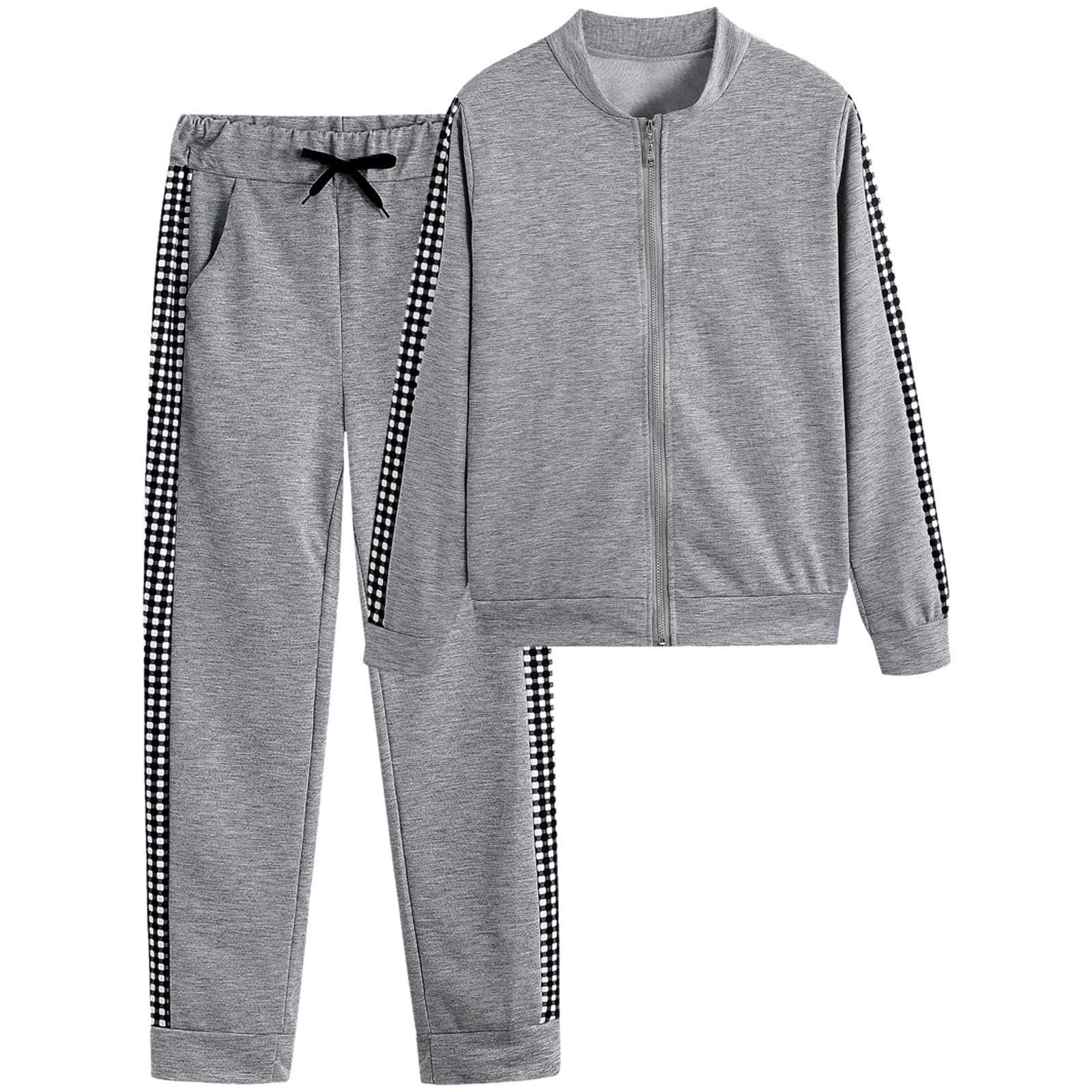 Sweatsuits for Women Set 2 Piece Plaid Patchwork Long Sleeve Zip up ...