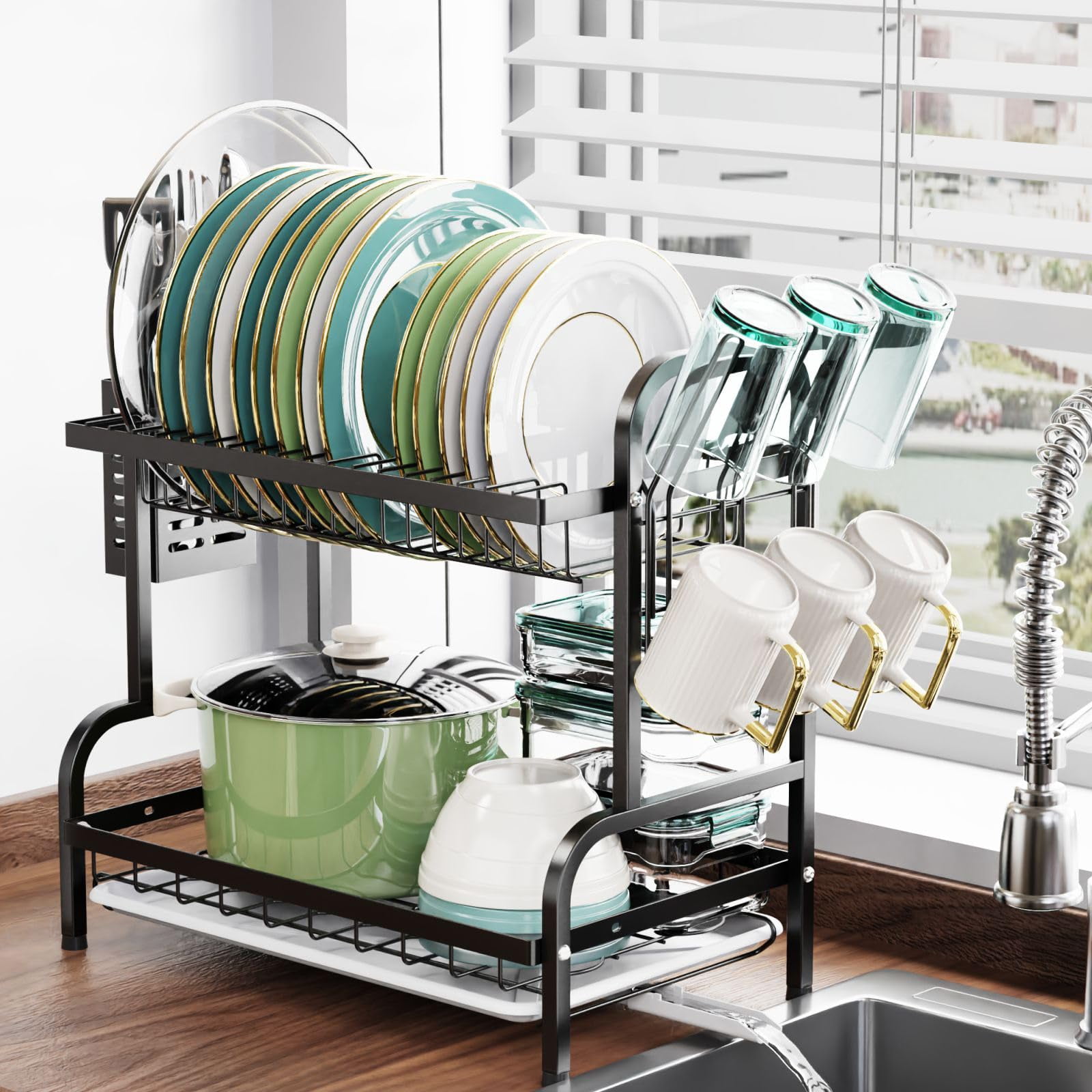 Swedecor Dish Drying Rack - 2 Tier Dish Rack with Drain Spout, Rust ...