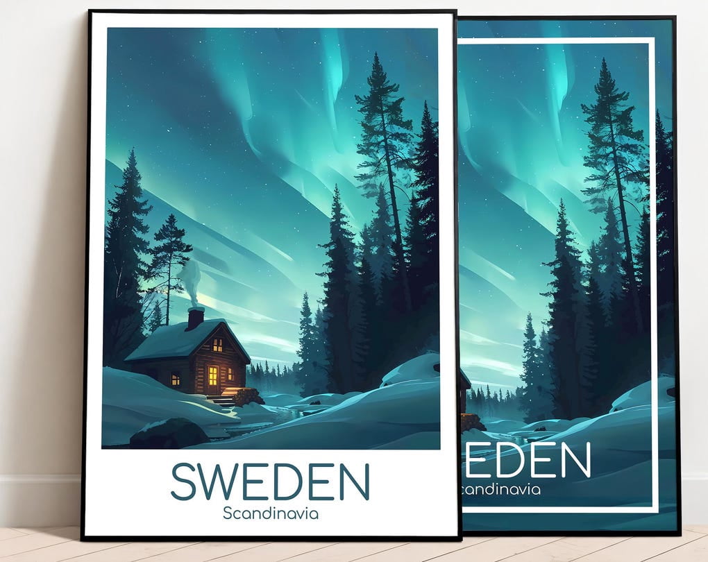 Sweden Travel Poster Northern Lights Sweden Poster Wall Art Scandinavia ...