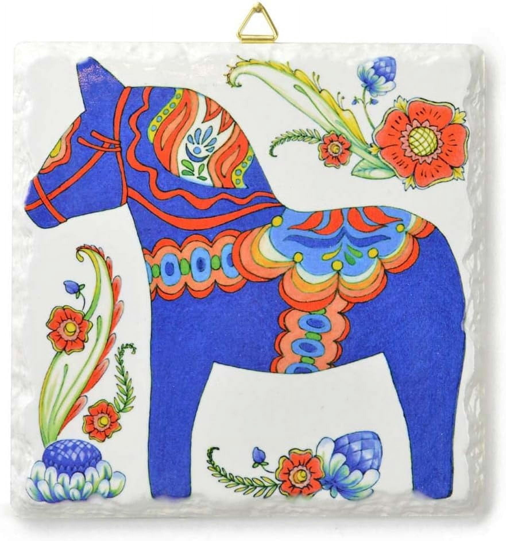 Swedish Blue Dala Horse Square Beveled Ceramic 6" Plaque with Cork ...