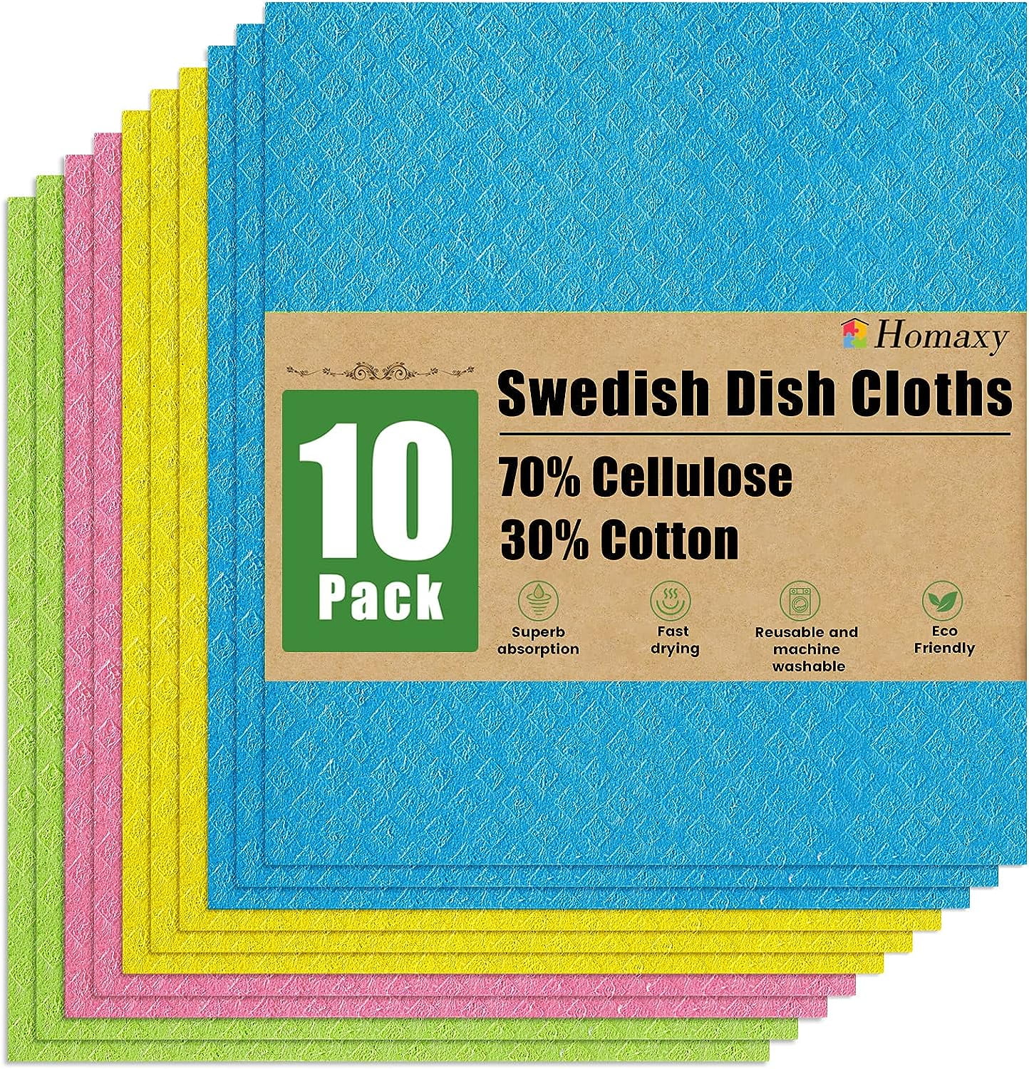 Swedish Dishcloths for Kitchen, 10 Pack Reusable and Washable Cellulose ...