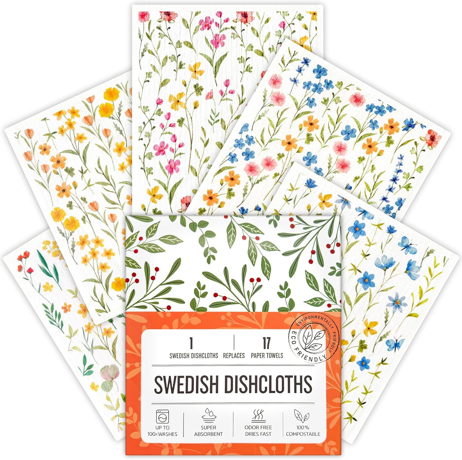 Swedish Dishcloths for Kitchen, 5 Paper Towels Washable, Absorbent ...