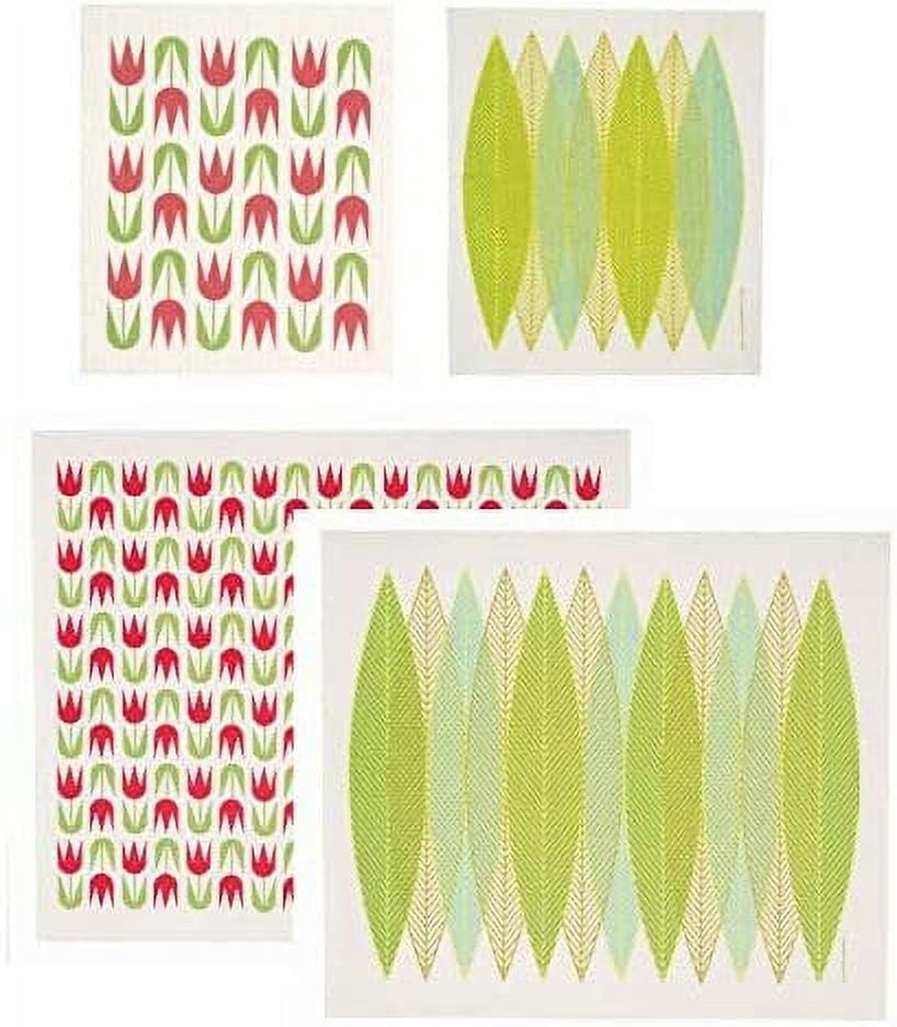 Swedish Drying Mats and Dishcloths Set 4-pieces Red Tulips and Green ...
