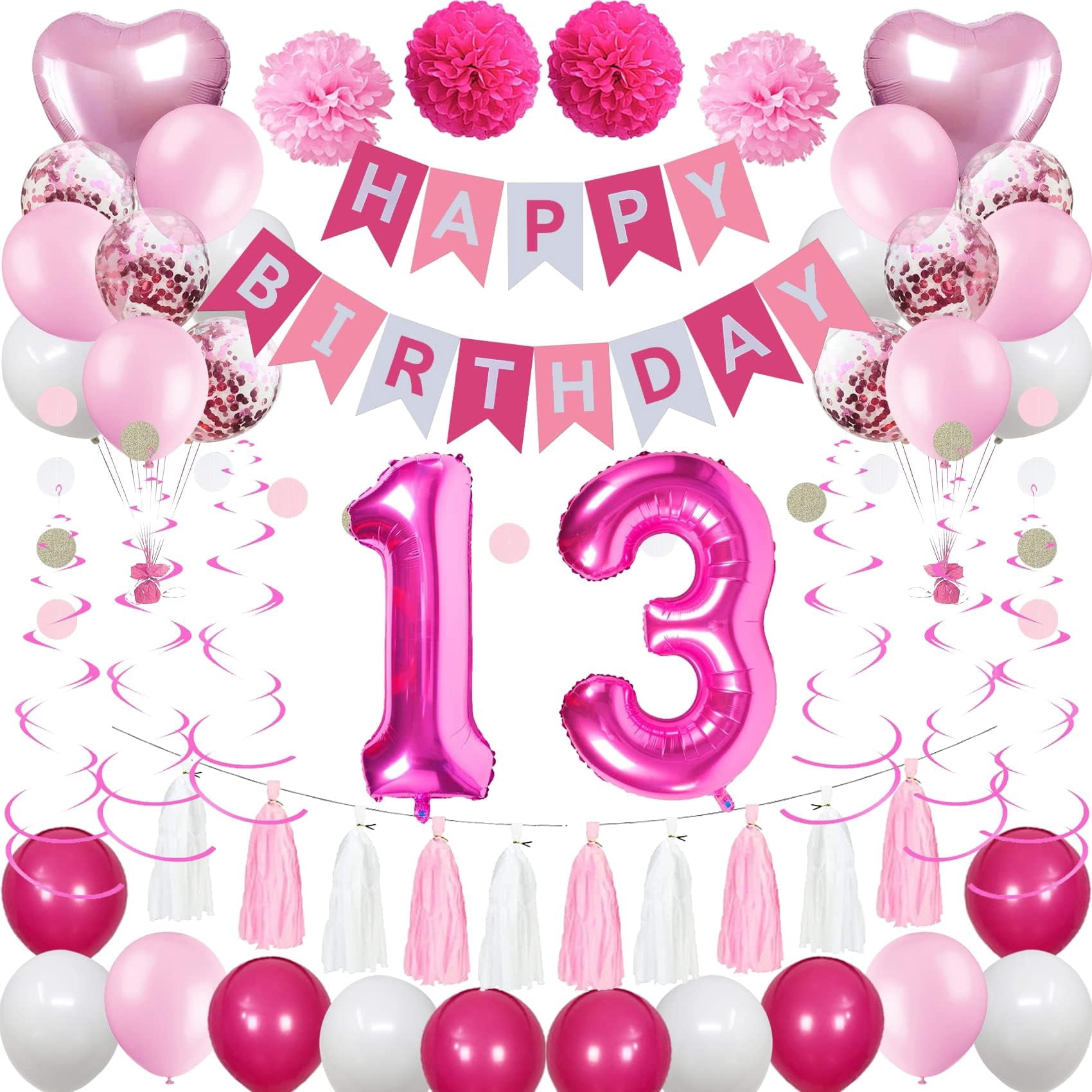 Sweet 13th Birthday Decorations for Girls, KKS1 Pink and White 13 Happy ...