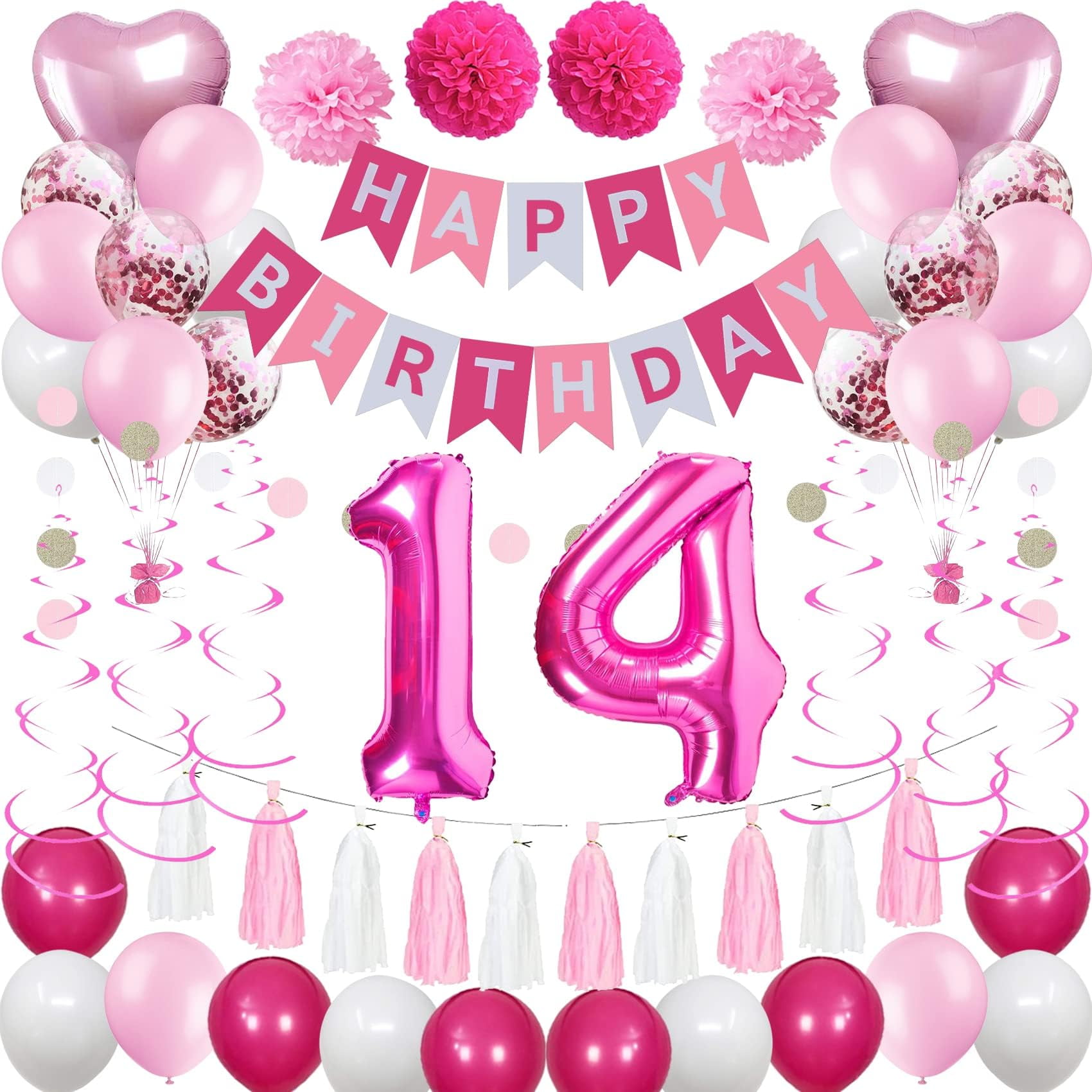 Sweet 14th Birthday Decorations for Girls, KKS1 Pink and White 14 Happy ...