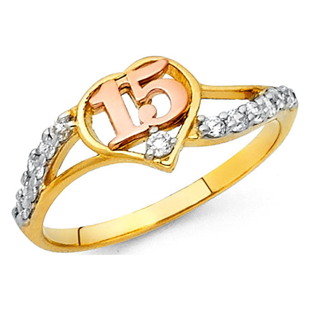 14k Gold Sweet 15 Quinceanera Jewelry Ring, Heart CZ Curve Style, Size ...