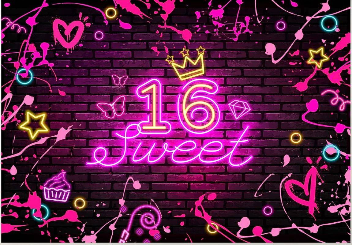 Sweet 16 Backdrop Neon Graffti s Crown Hot Pink Girl 16th Birthday ...