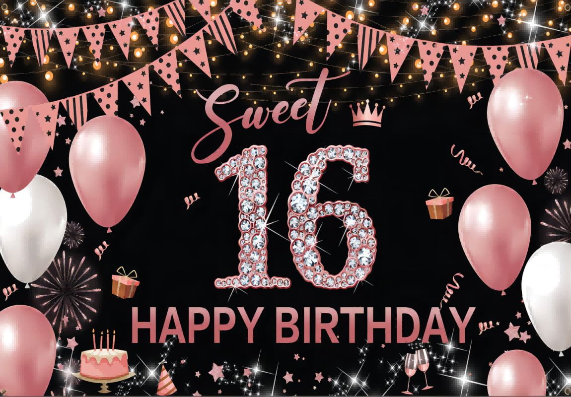 Sweet 16 Backdrop Neon Graffti s Crown Hot Pink Girl 16th Birthday ...