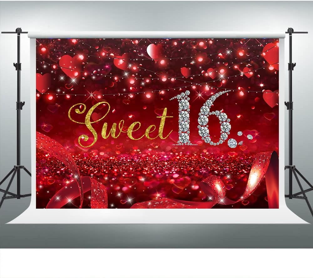Sweet 16 Background 7x5ft Red Love Heart Background for Girl Birthday ...