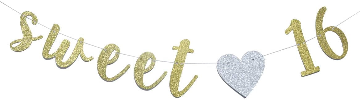 Sweet 16 Banner Gold Glitter with Heart for 16th Birthday Party ...