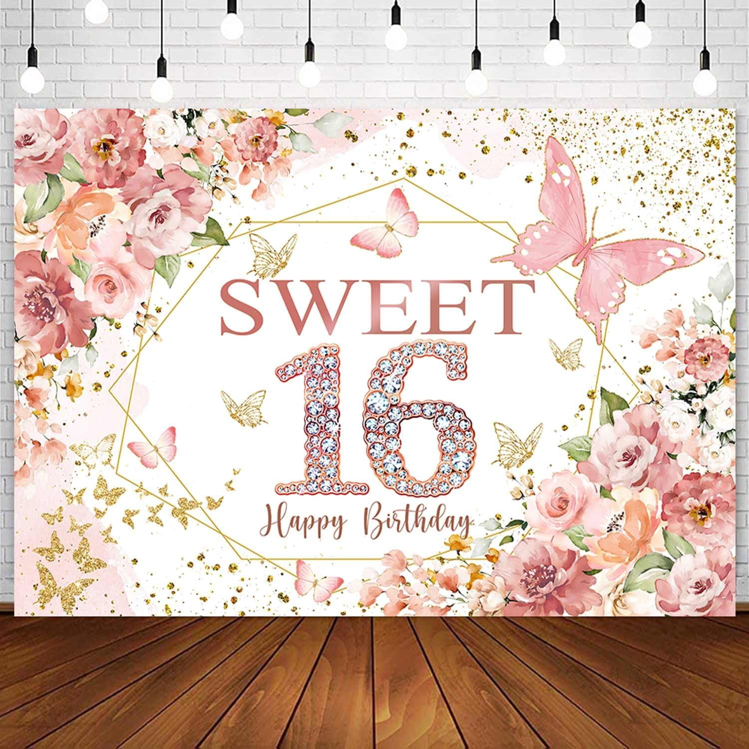 Sweet 16 Birthday Backdrop Blush Pink Floral Butterfly Sweet Sixteen ...