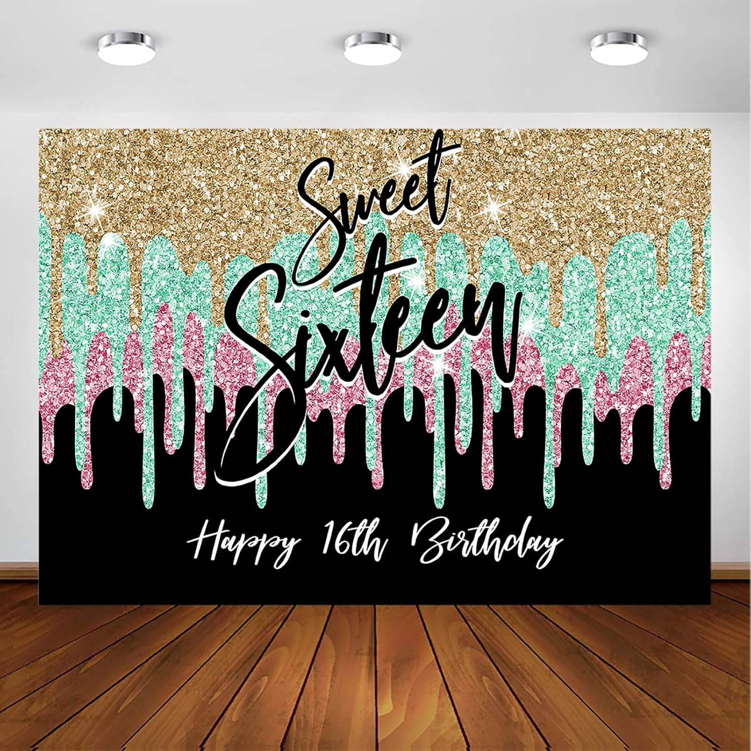 Sweet 16 Birthday Backdrop for Girls Golden Green Pink Glitter Girl ...
