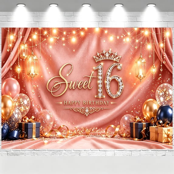 Sweet 16 Birthday Backdrop Golden Pink Crown Gift Box Birthday Banner ...