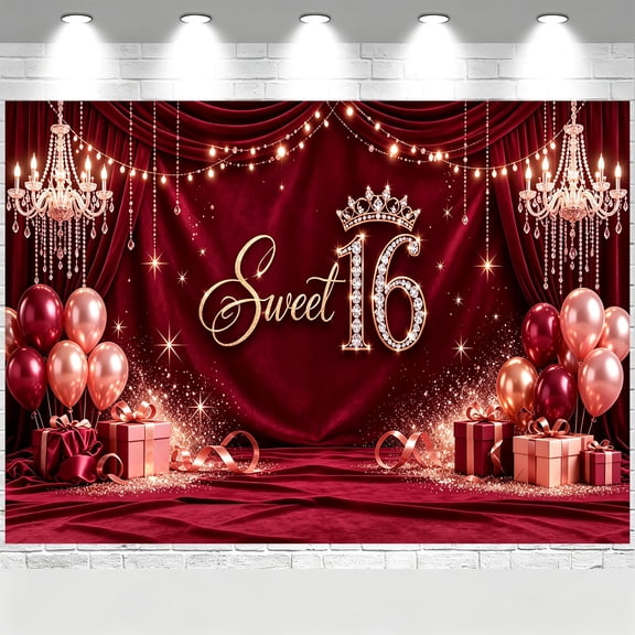 Sweet 16 Birthday Backdrop Golden Pink Crown Gift Box Birthday Banner ...