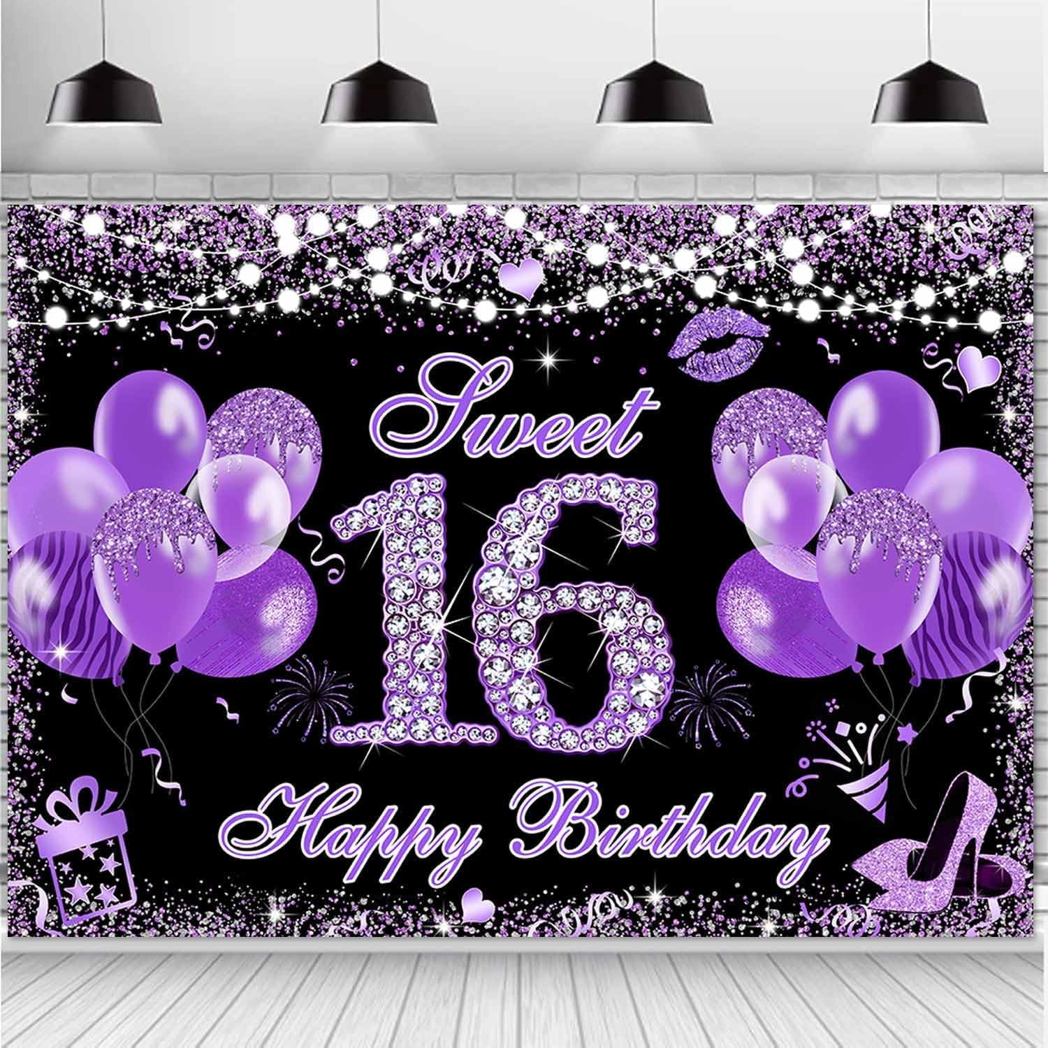 Sweet 16 Birthday Backdrop Purple Silver Sweet Sixteen Background Party ...