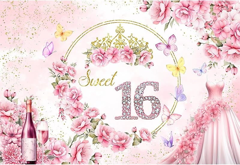Sweet 16 Birthday Backdrop Women Blush Pink Floral Butterfly 16 Years Old Photography Background ...