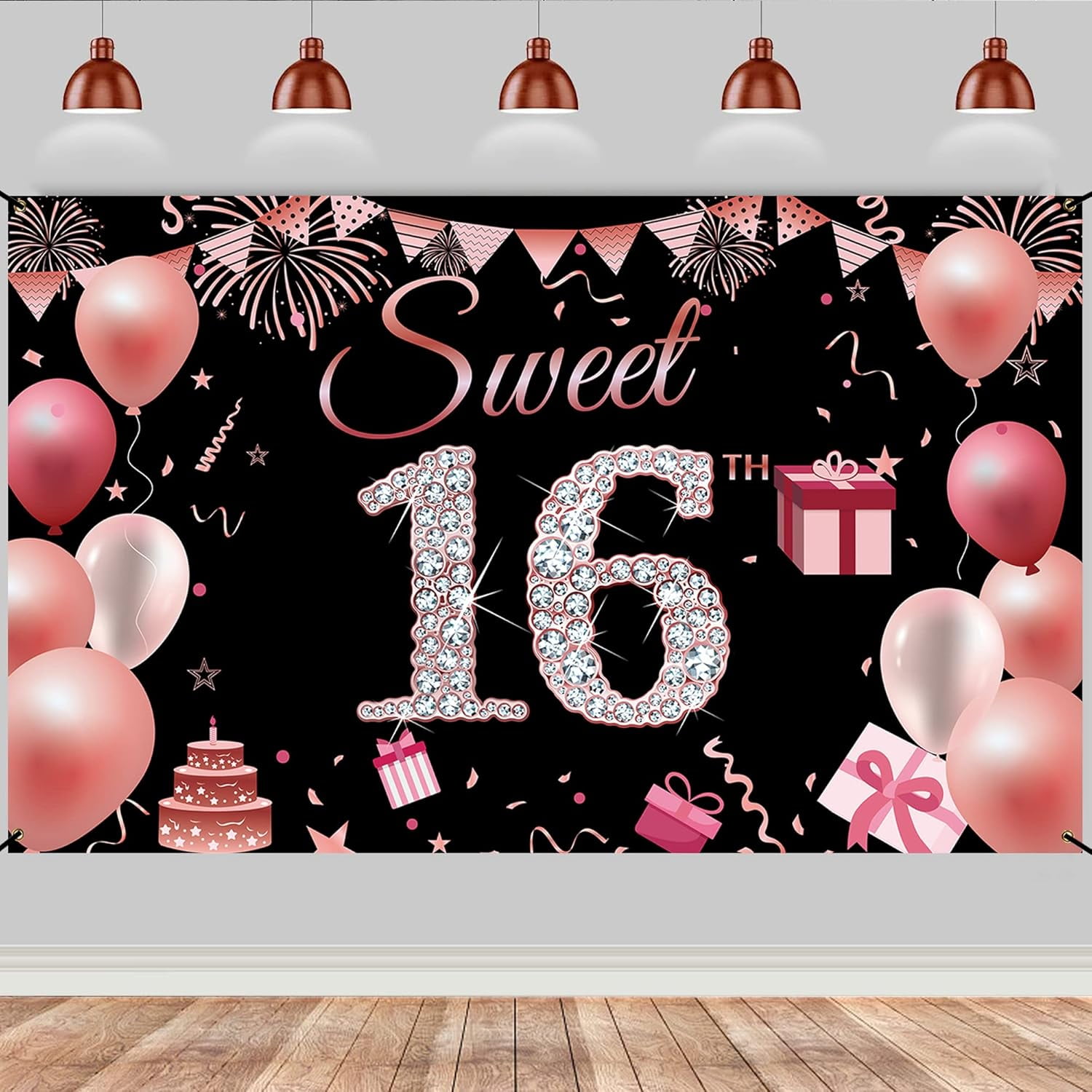Sweet 16 Birthday Banner Black and Rose Gold Happy 16th Birthday Party ...