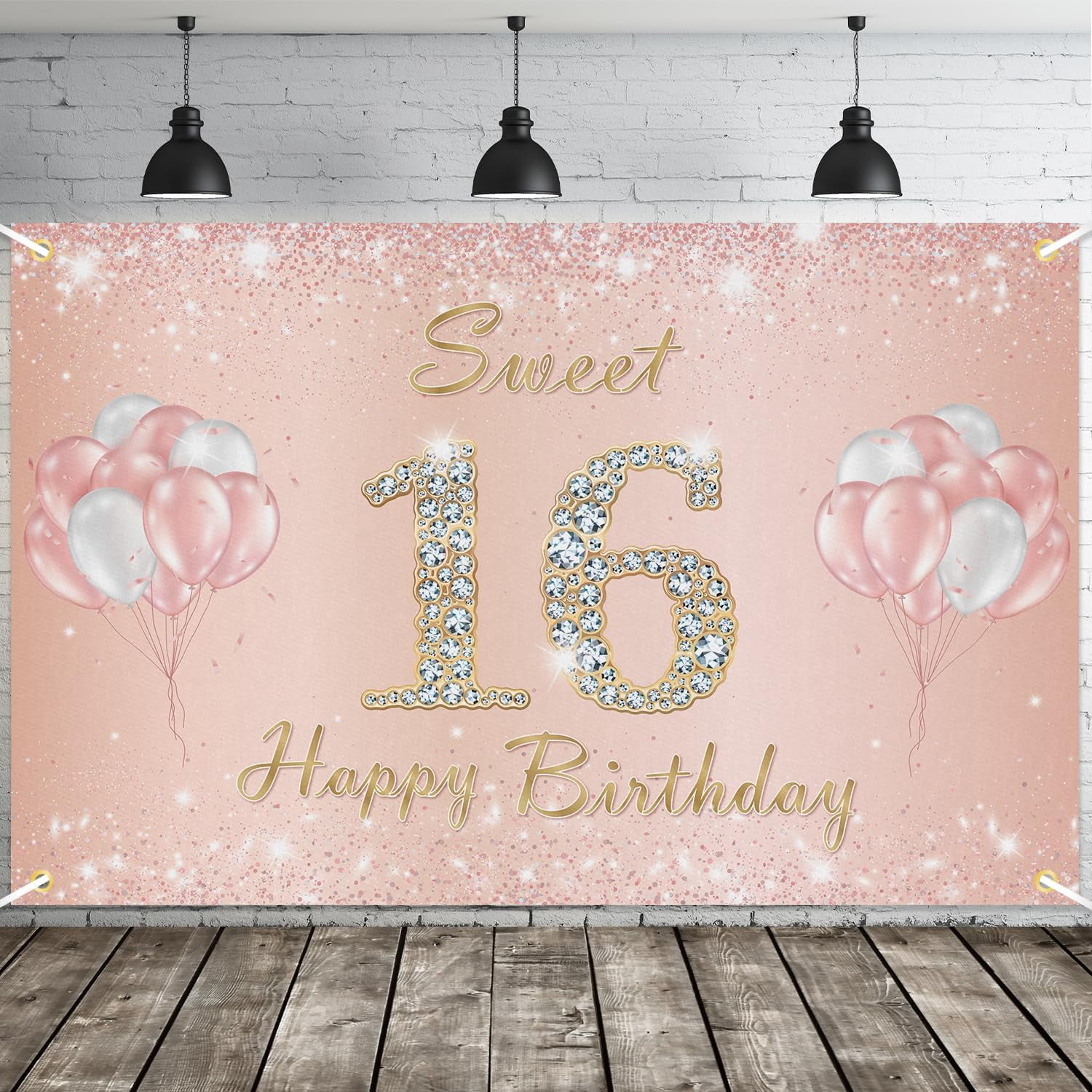 Sweet 16 Birthday Banner, Pink Rose Gold Happy 16th Birthday Party ...