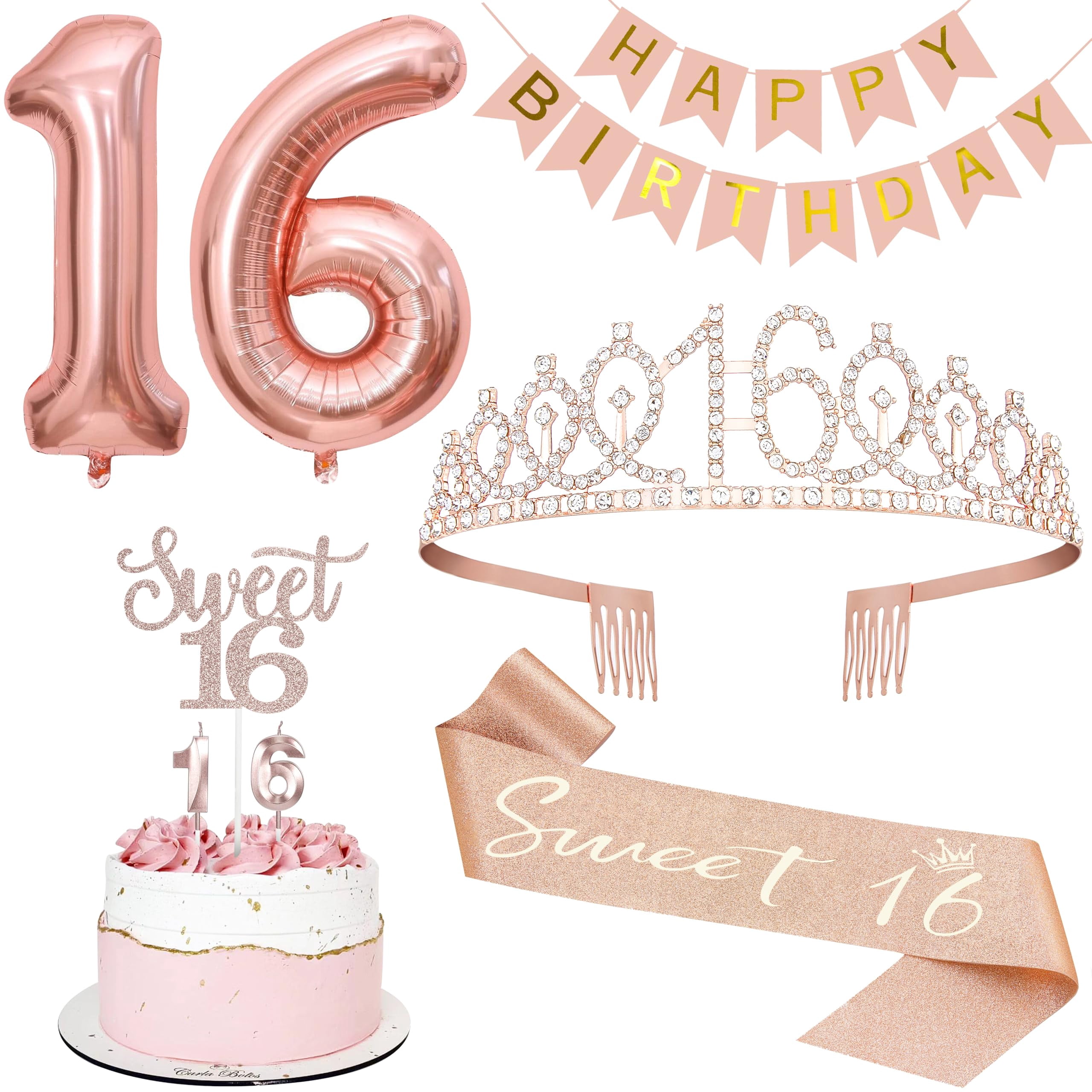 Sweet 16 Birthday Decorations for Girls Happy 16th Birthday Banner Cake ...