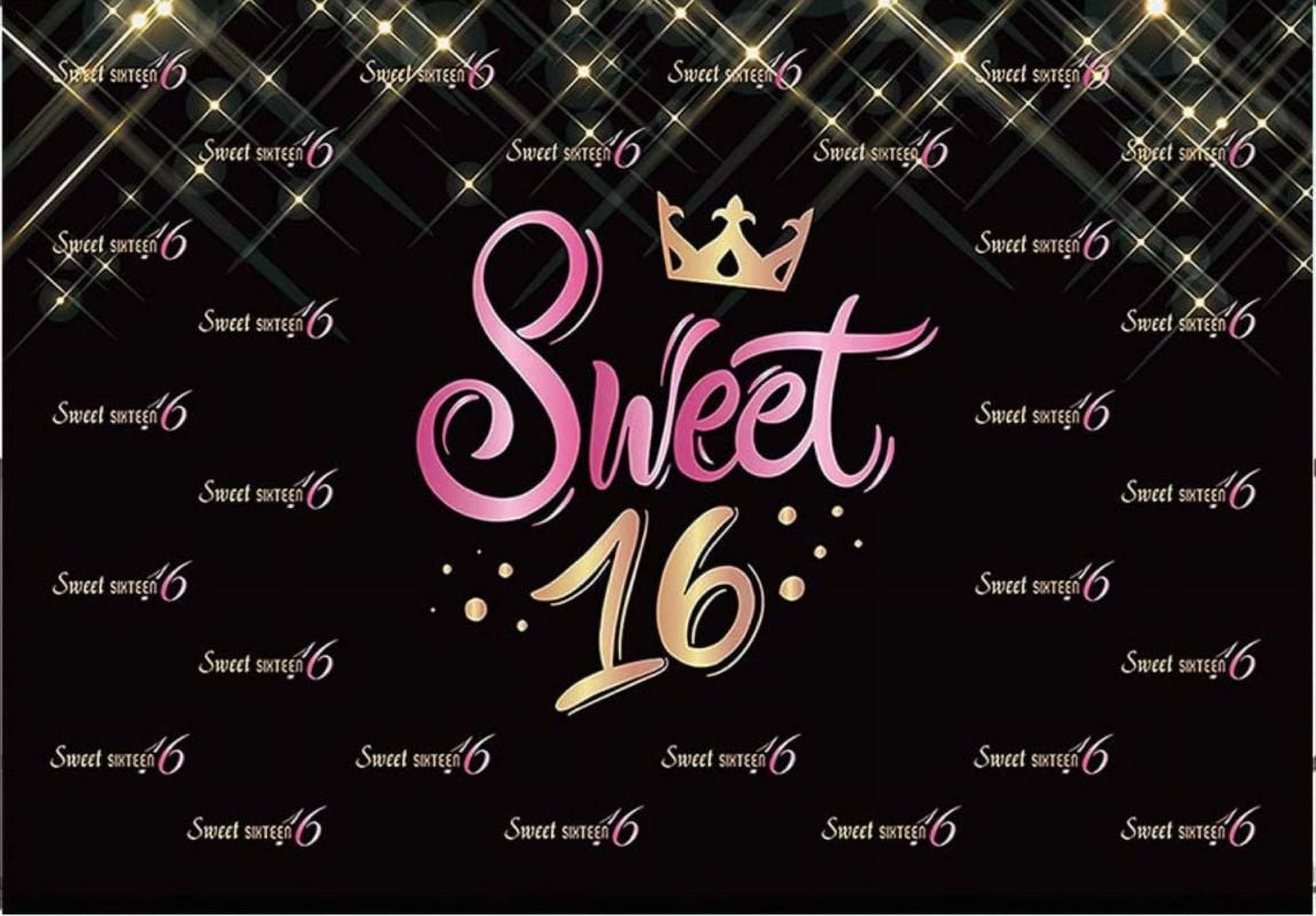 Sweet 16 Birthday Party Backdrop Blue Flowers Glitter Gowns Crown Sweet ...