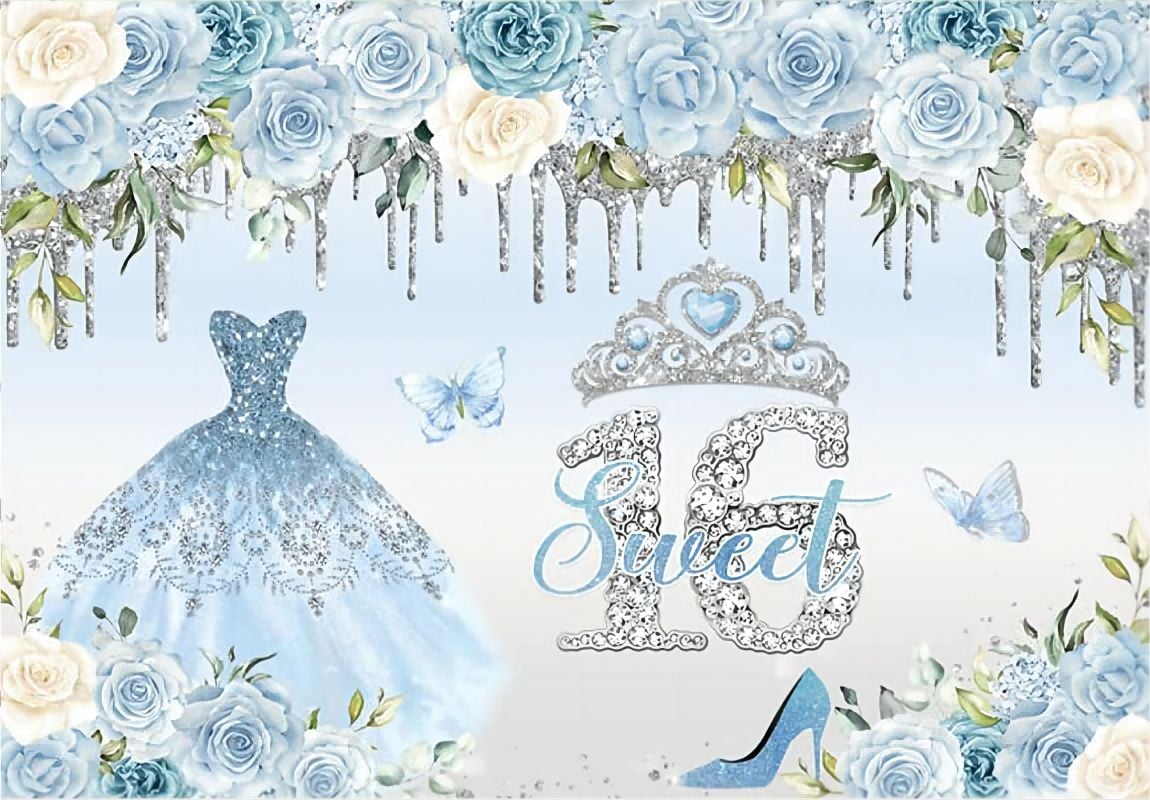Sweet 16 Birthday Party Backdrop Blue Flowers Glitter Gowns Crown Sweet ...