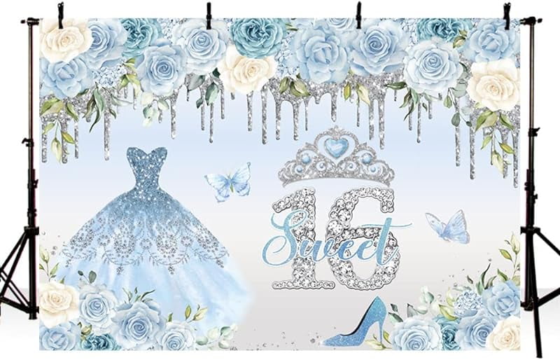 Sweet 16 Birthday Party Backdrop Blue Flowers Glitter Gowns Diamond