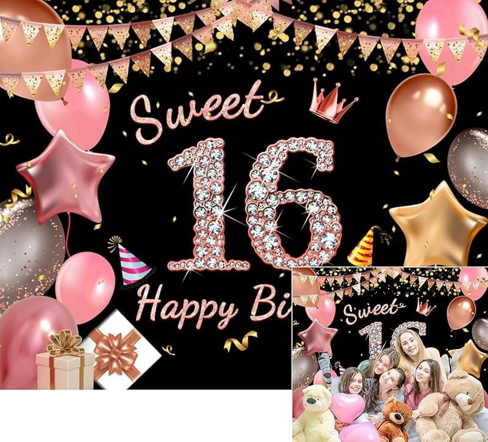 Sweet 16 Birthday Party Backdrop Pink Glitter Diamond Balloons Sixteen ...