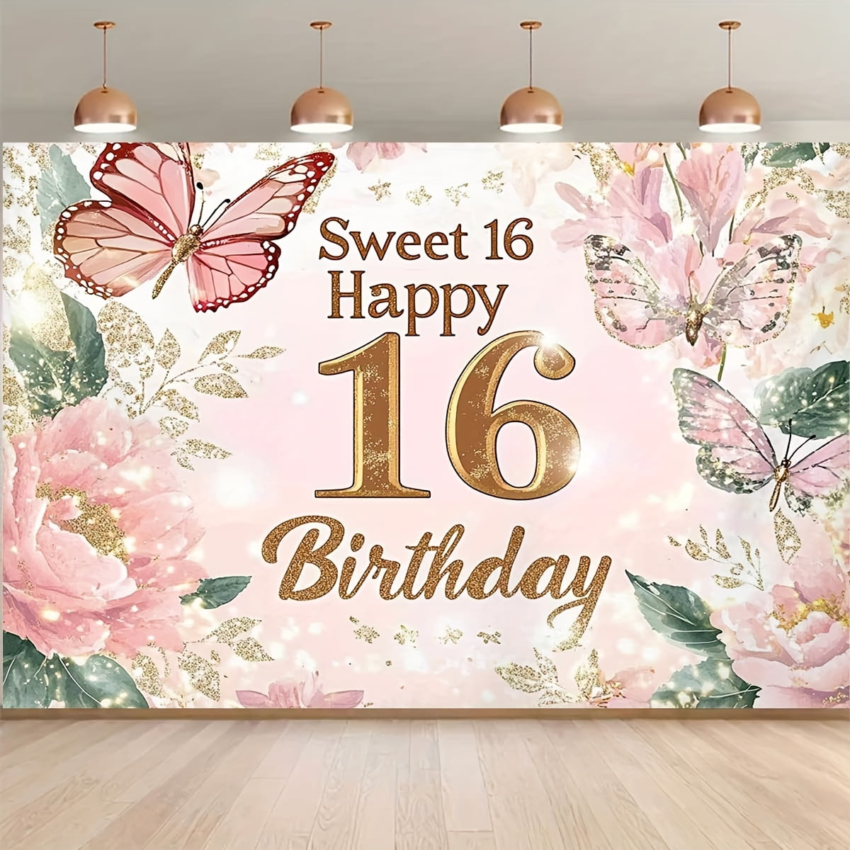 Sweet 16 Floral Birthday Backdrop Blush Pink Golden Glittery Butterflies Sweet Sixteen ...